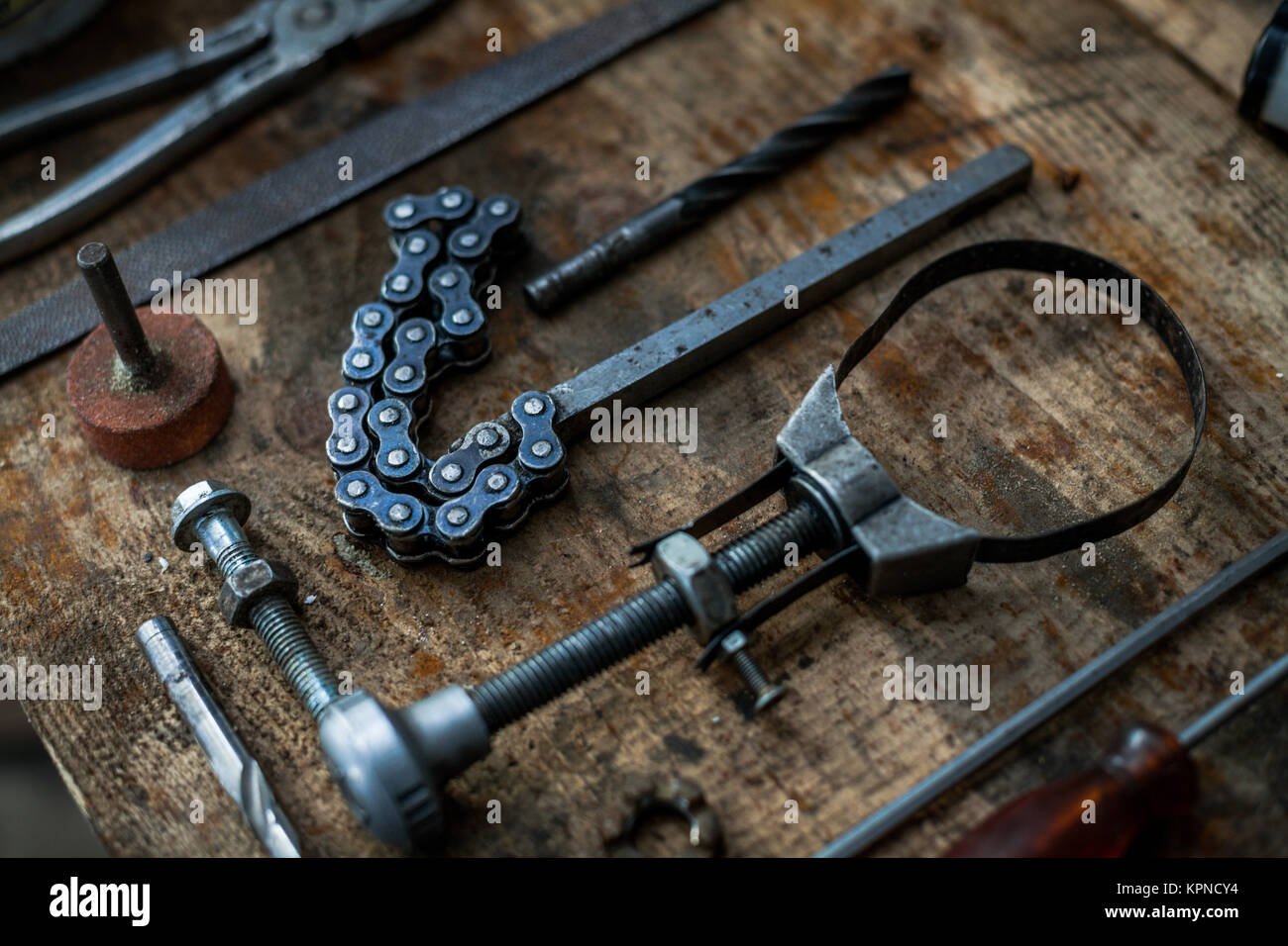 Tools on wooden plank Stock Photo - Alamy