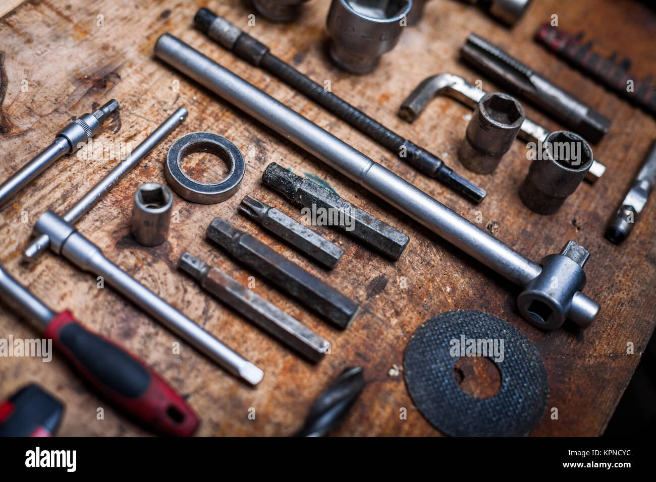 Tools on wooden plank Stock Photo - Alamy