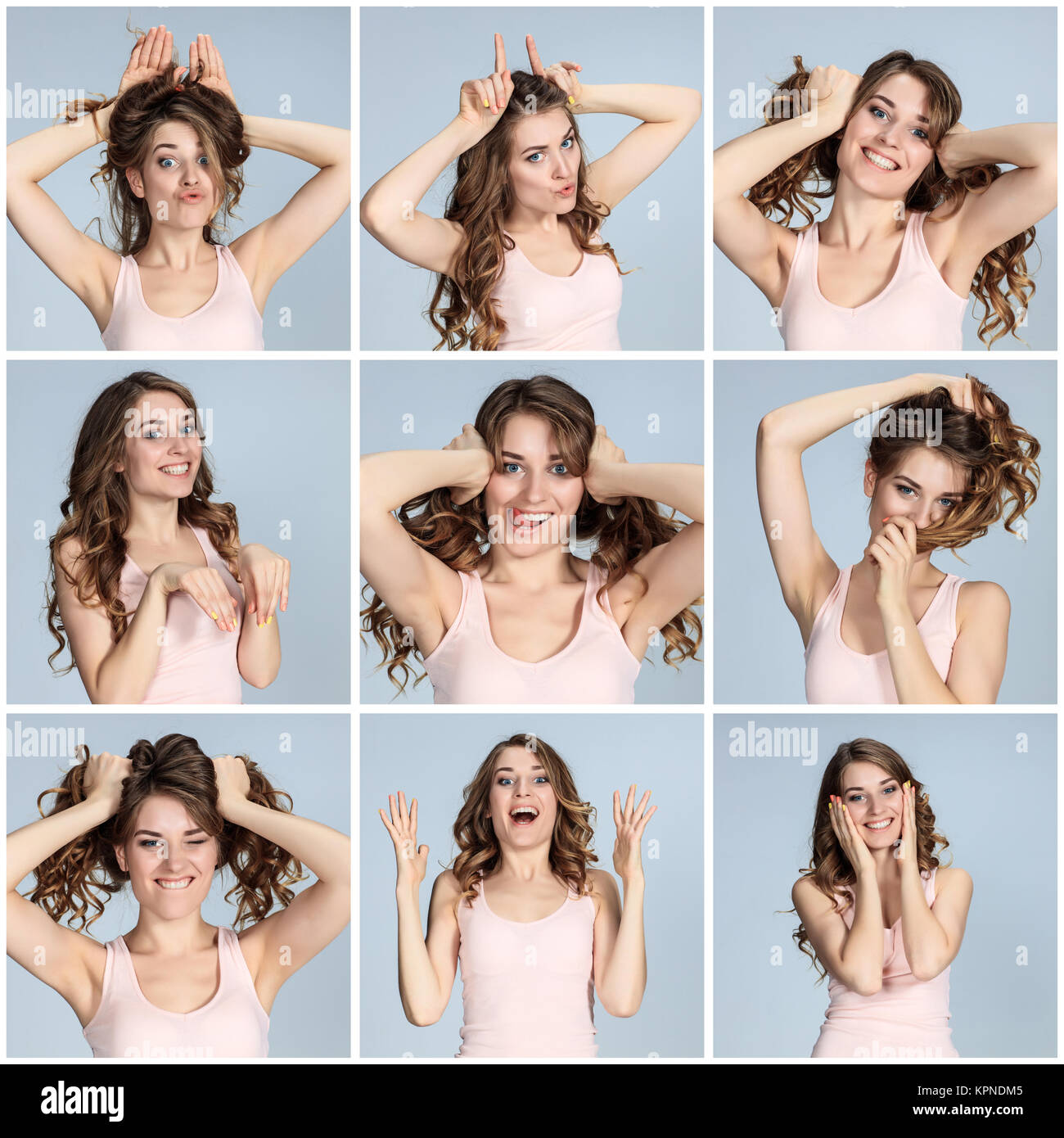 The collage of young woman' s portraites with happy emotions Stock ...