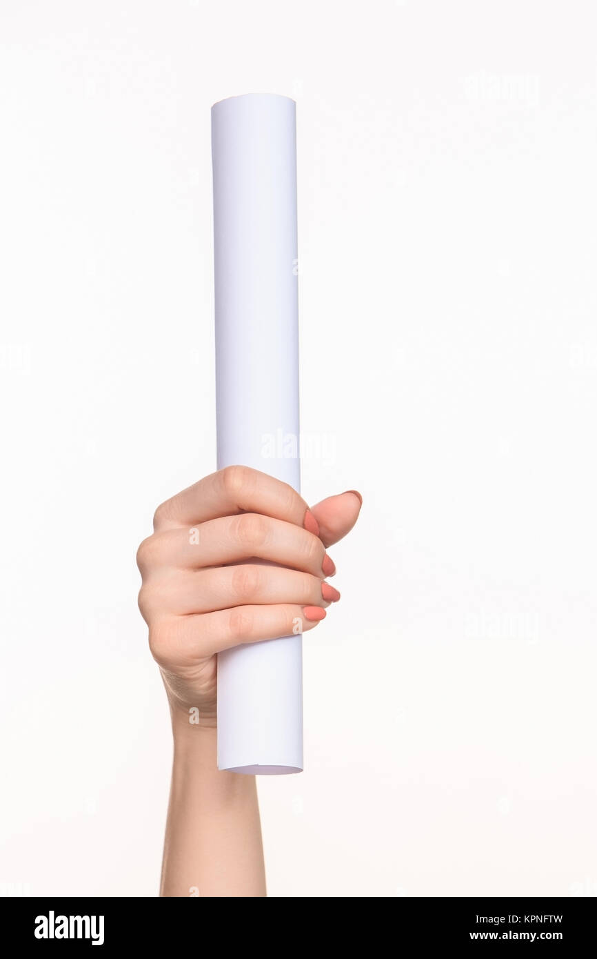 The cylinder female hands on white background Stock Photo - Alamy