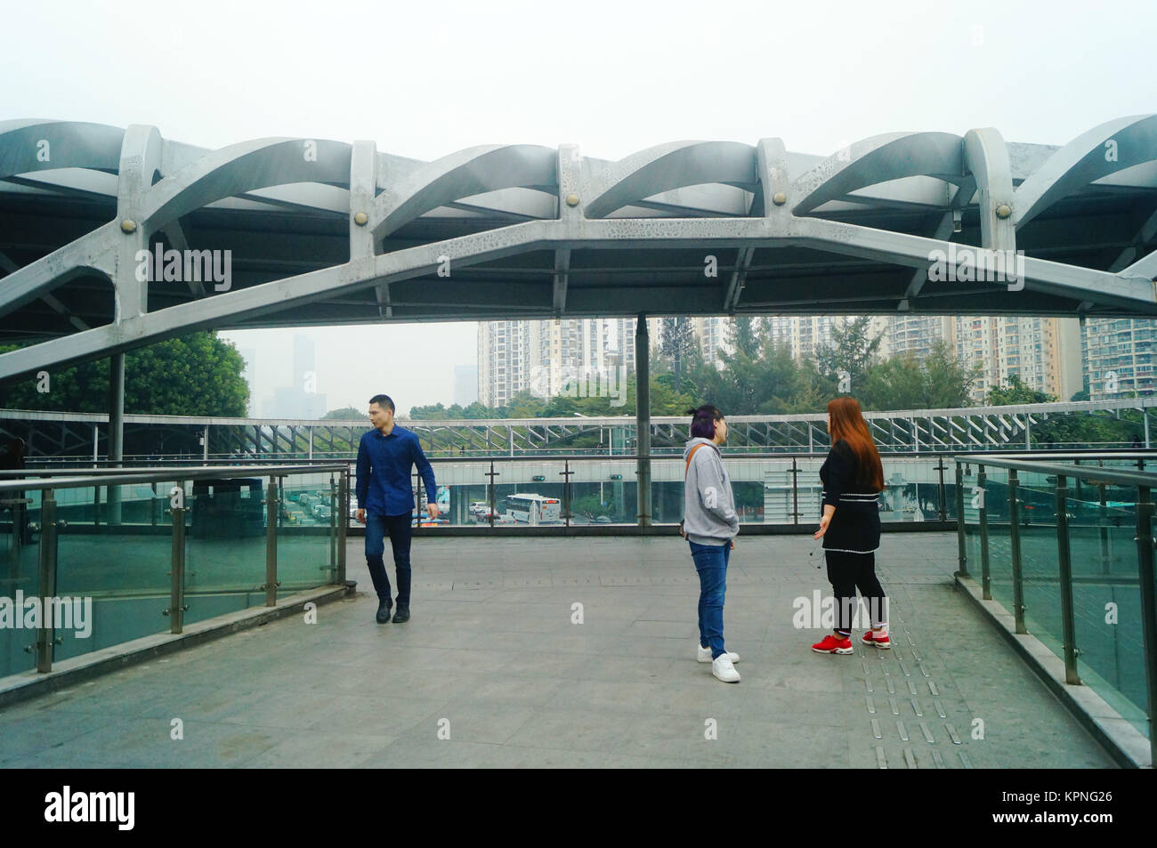 Pedestrian bridge architectural landscape, and pedestrians tourists ...