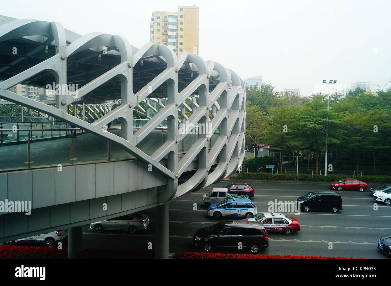 Pedestrian bridge architectural landscape, and pedestrians tourists ...