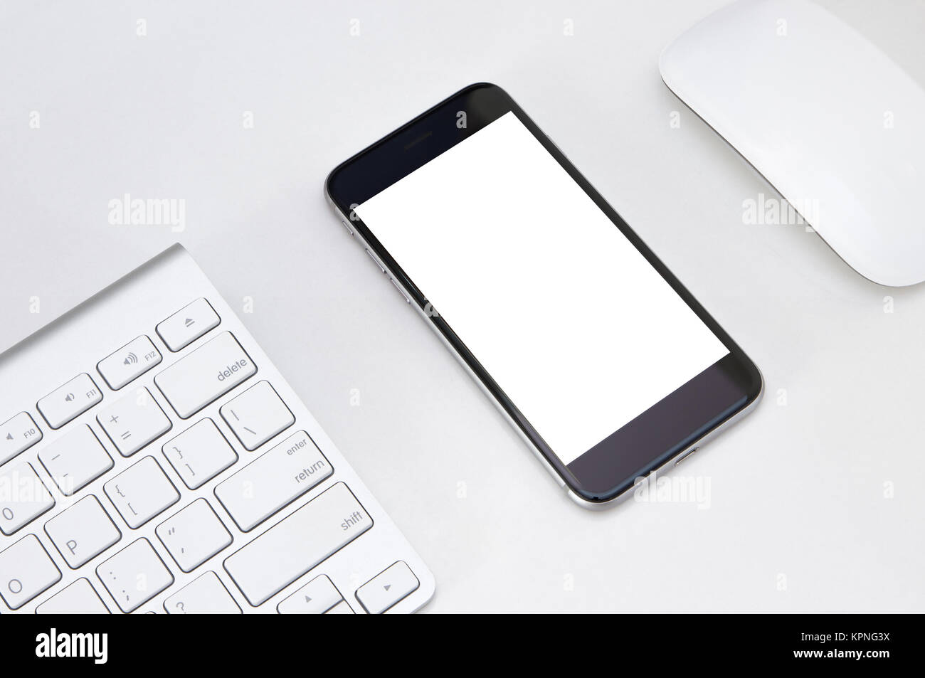 phone white screen on white table workspace Stock Photo - Alamy