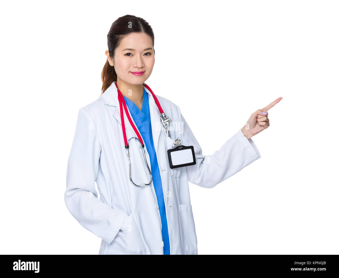 Female Doctor showing finger point up Stock Photo - Alamy
