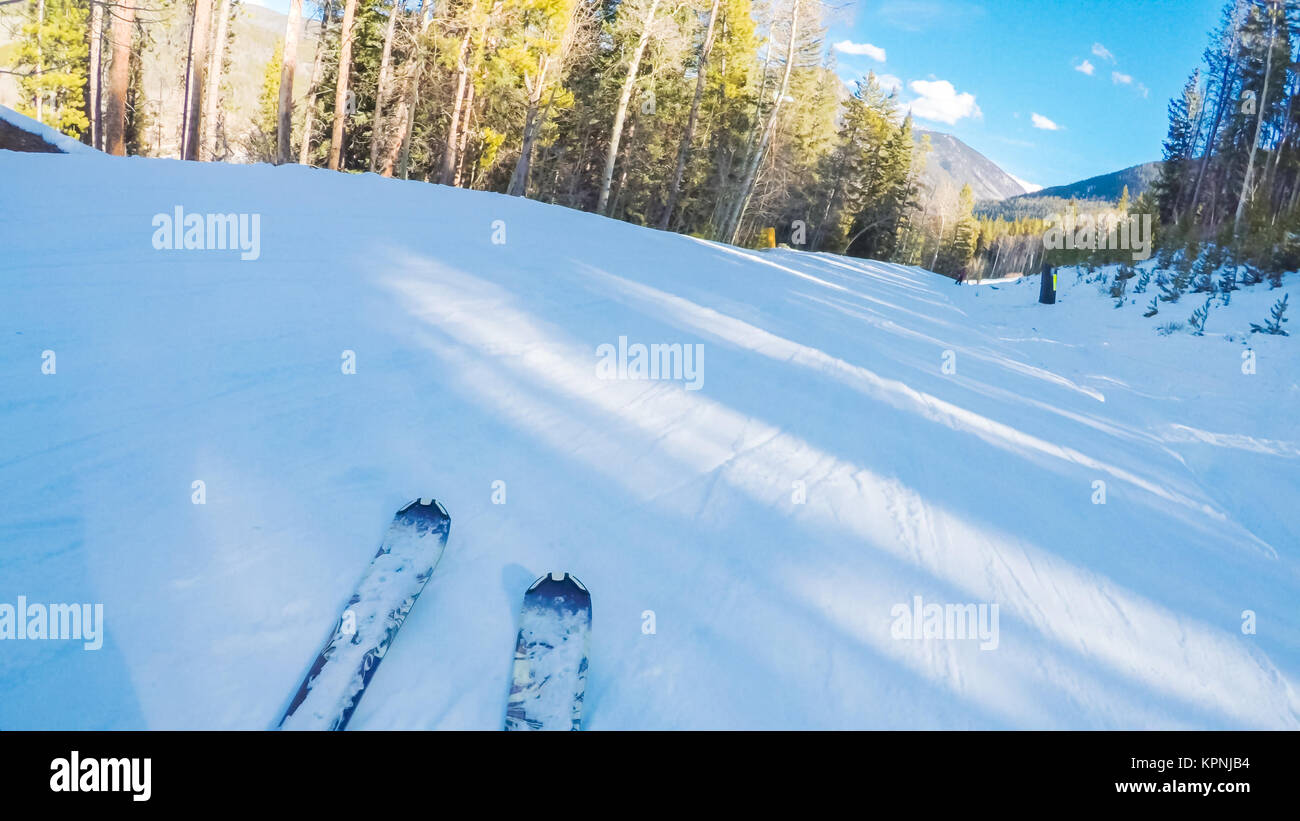 POV point of view. Skiing Colorado Rokies in early ski season Stock ...
