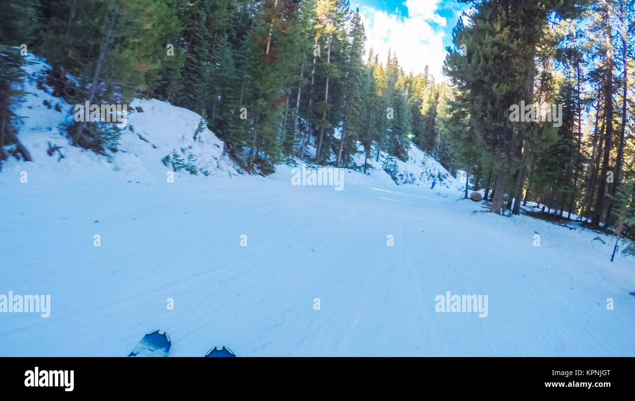 POV point of view. Skiing Colorado Rokies in early ski season Stock ...