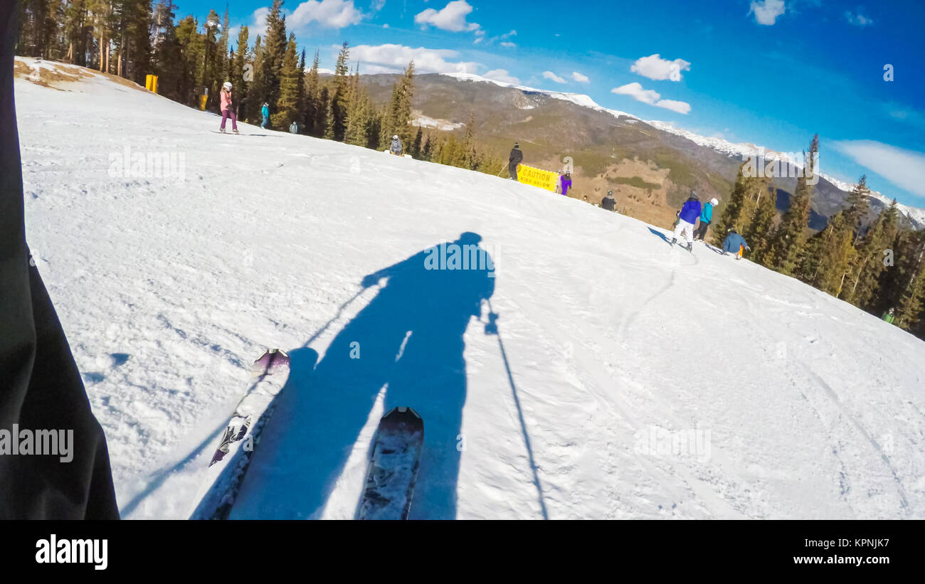 POV point of view. Skiing Colorado Rokies in early ski season Stock ...