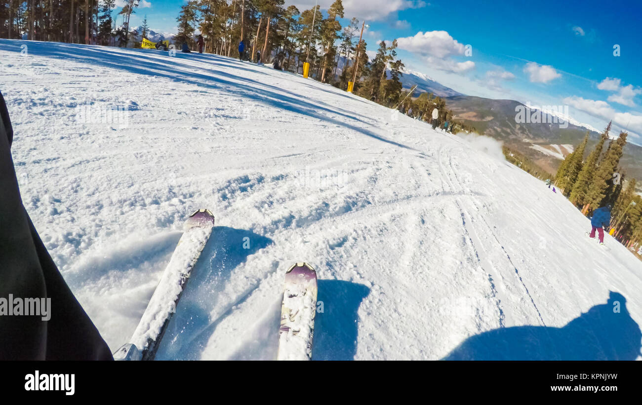 POV point of view. Skiing Colorado Rokies in early ski season Stock ...