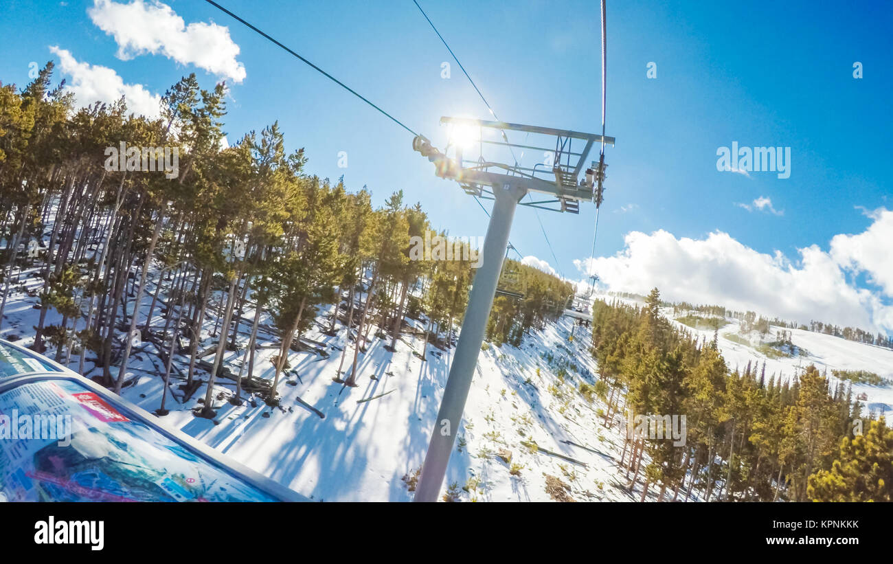 POV point of view. Open air ski lift Stock Photo - Alamy