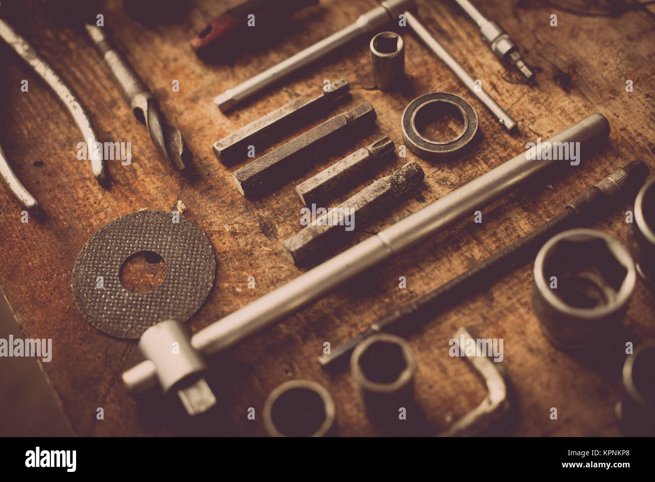 Tools on wooden plank Stock Photo - Alamy
