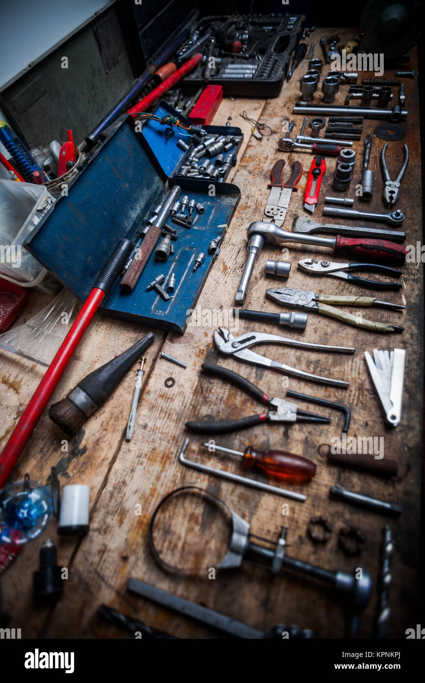 Tools on wooden plank Stock Photo - Alamy