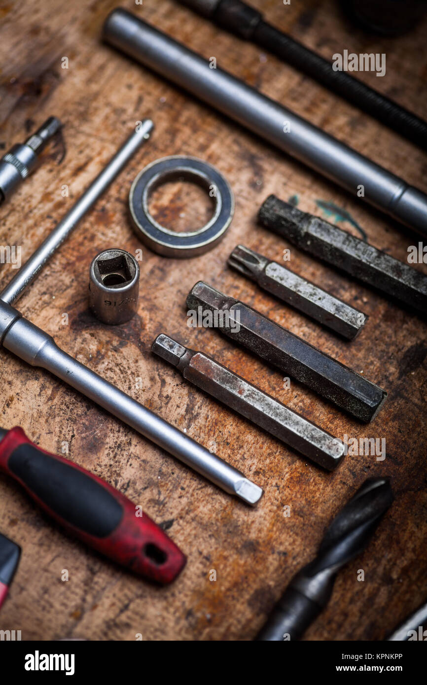 Tools on wooden plank Stock Photo - Alamy