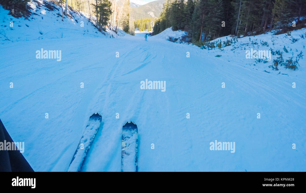 POV point of view. Skiing Colorado Rokies in early ski season Stock ...