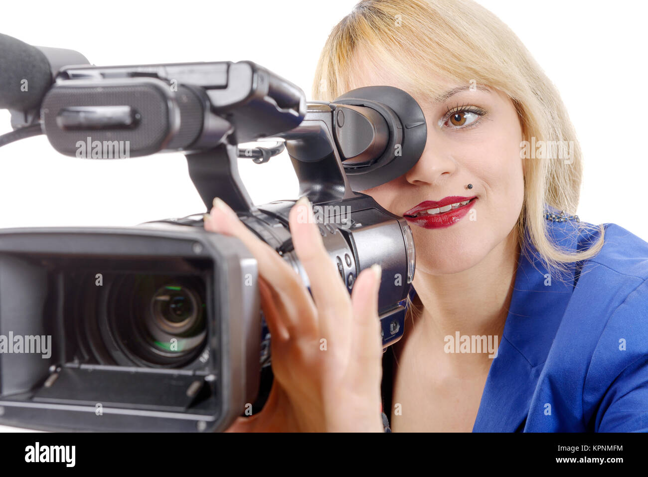 beautiful young woman with blue suit and professional video camera ...