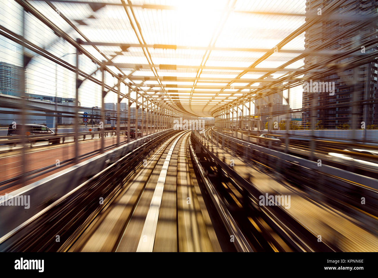 Motion of Japanese mono rail at evening Stock Photo - Alamy