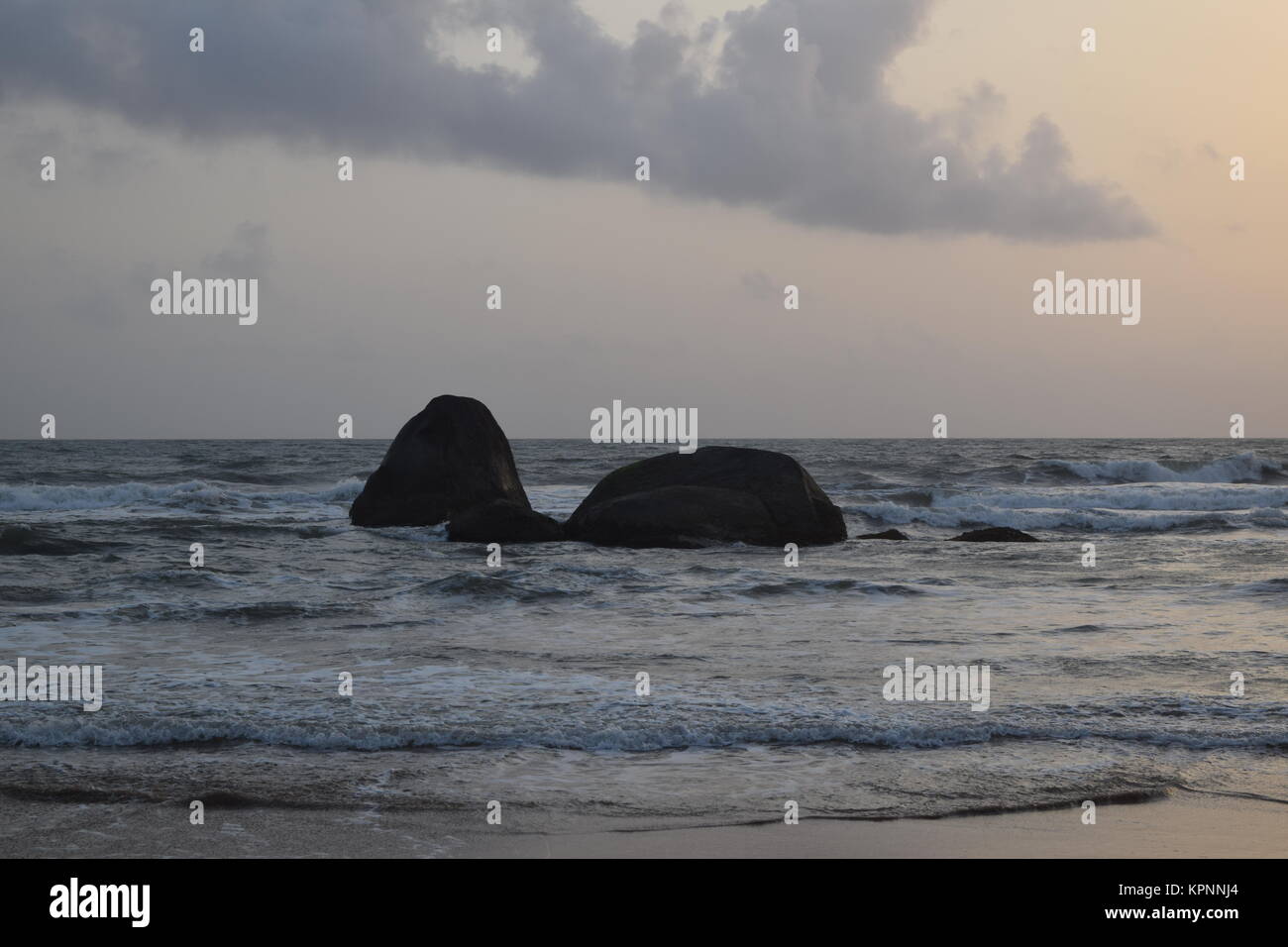 Nice sandy beach view with clouds in sky. Cloudy day with calm sandy ...