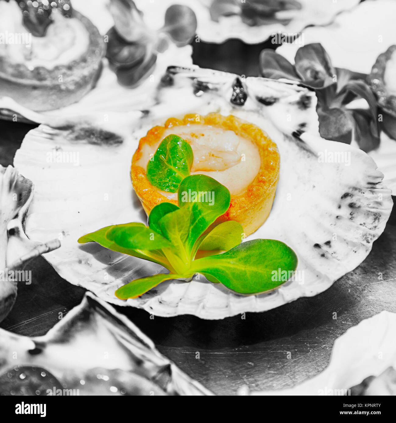 Appetizer over scallop valve Stock Photo - Alamy