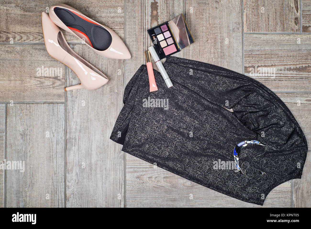 Overhead view of female fashion with accessories Stock Photo - Alamy
