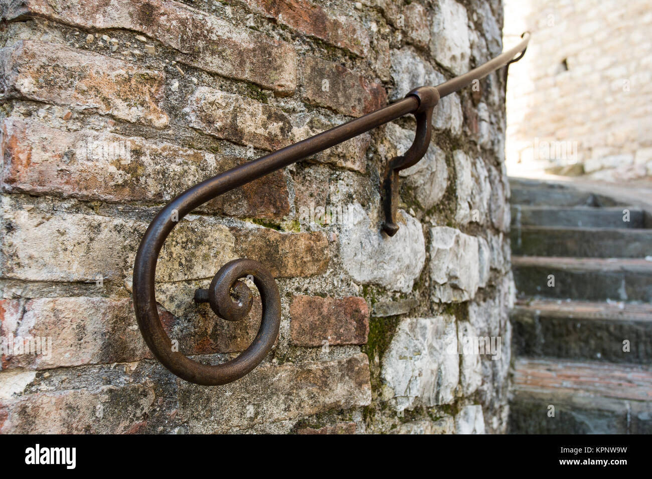 Close up view of an old wrought iron handrail of an Umbrian town Stock ...