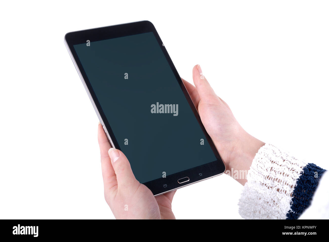 Tablet in the women hands on a white background Stock Photo - Alamy
