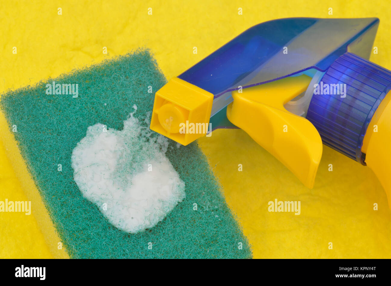 cleaning bottle and sponge in close up Stock Photo - Alamy