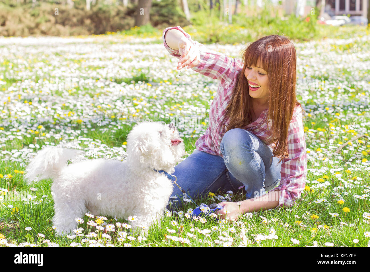 Happy Woman Enjoying Nature With Her Dog Stock Photo - Alamy