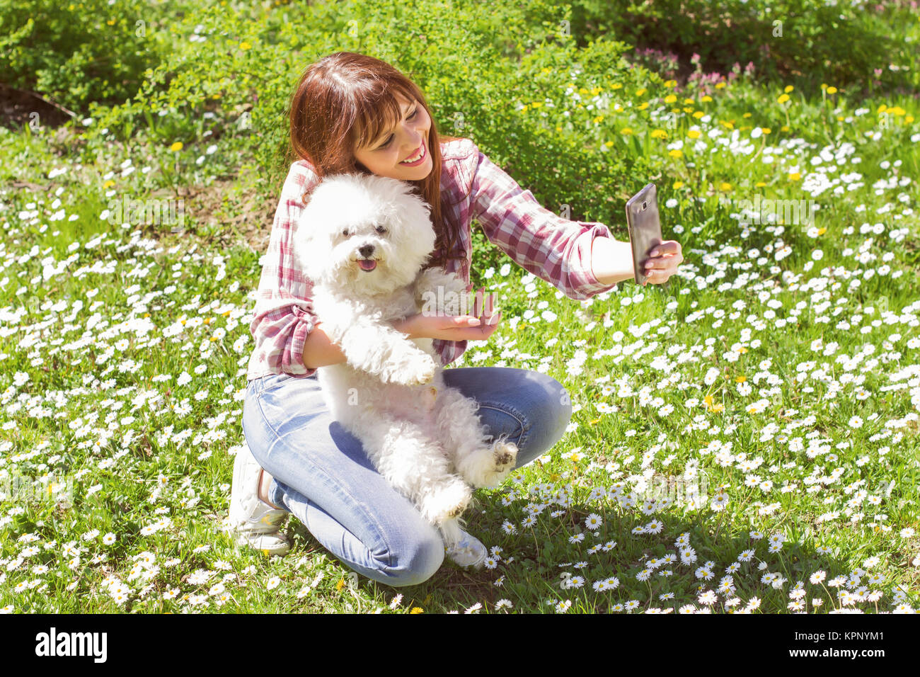 Happy Woman Enjoying Nature With Her Dog Stock Photo - Alamy