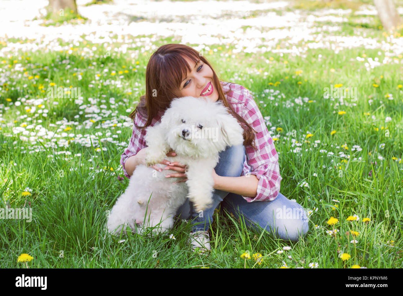 Happy Woman Enjoying Nature With Her Dog Stock Photo - Alamy