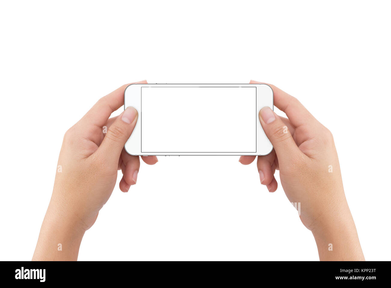 hand holding phone blank screen isolated white background with clipping ...