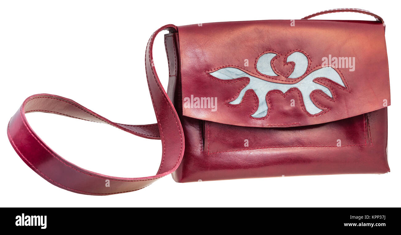 front view of cherry color handbag with applique Stock Photo - Alamy