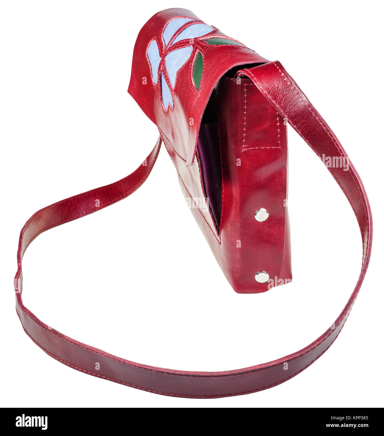 side view of cherry color handbag with flower Stock Photo - Alamy