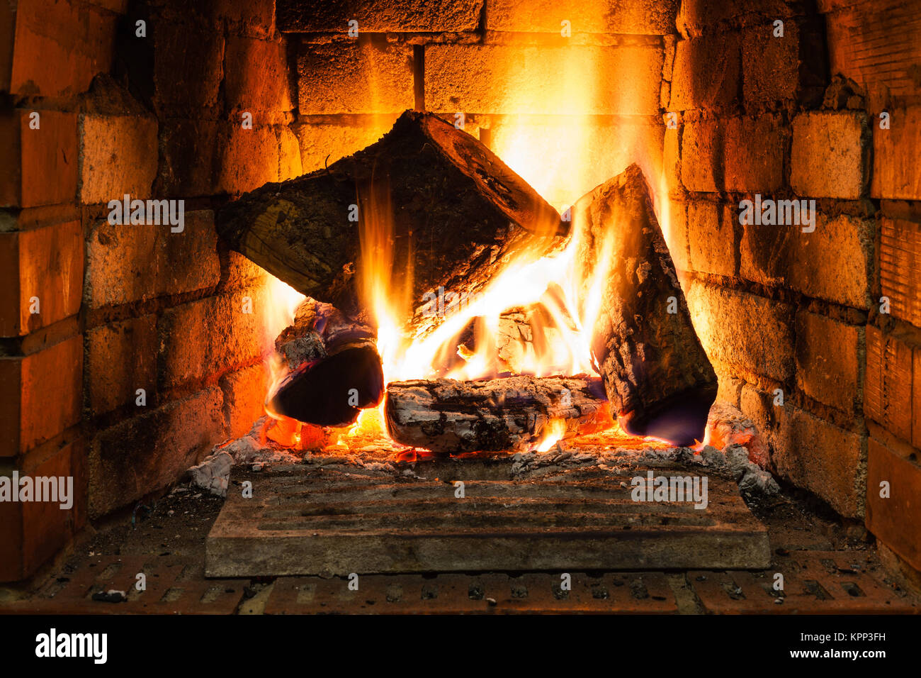 burning wood in fire-box of fireplace Stock Photo - Alamy