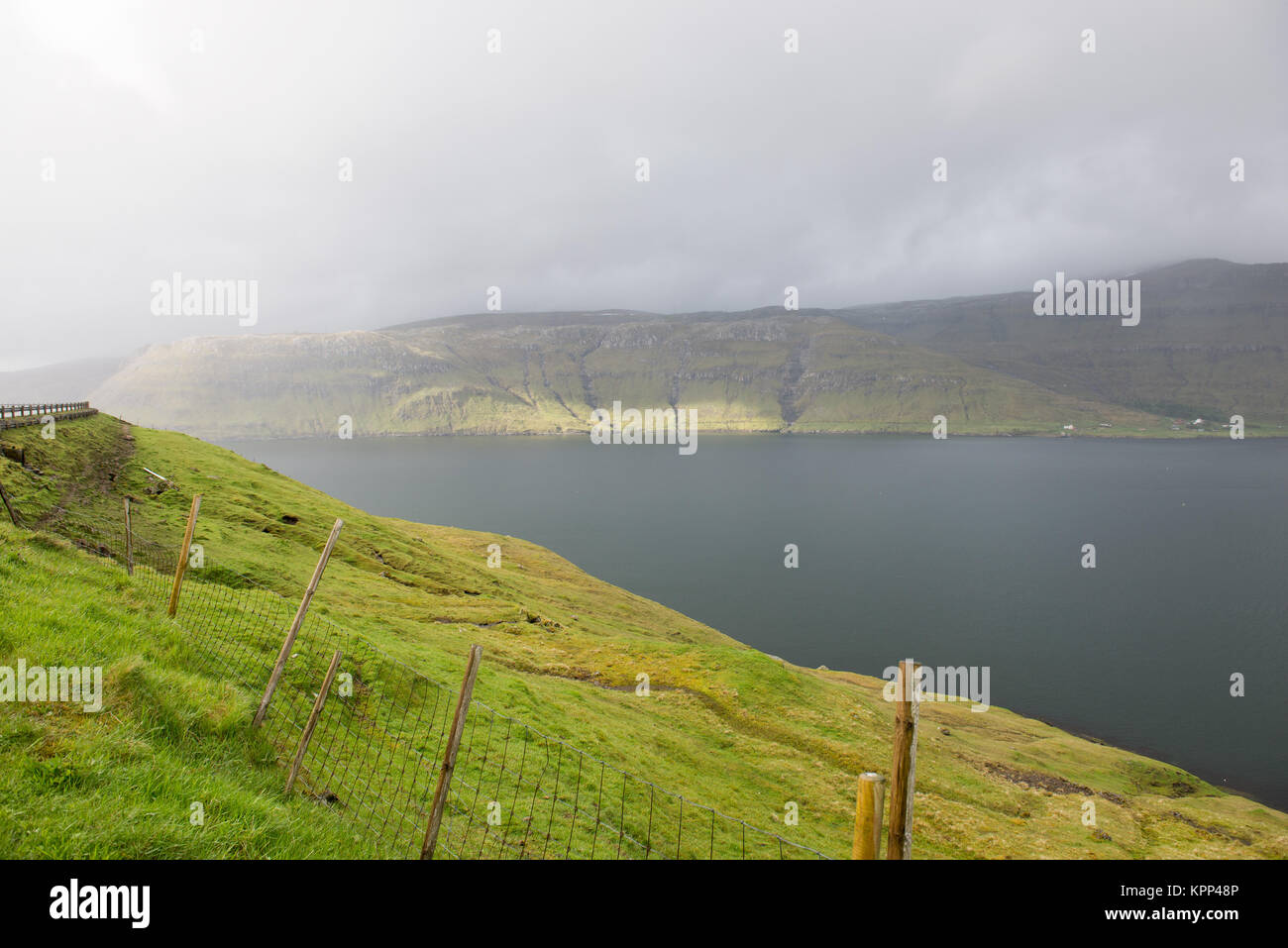 Typical landscape on the Faroe Islands, with green grass, water and ...