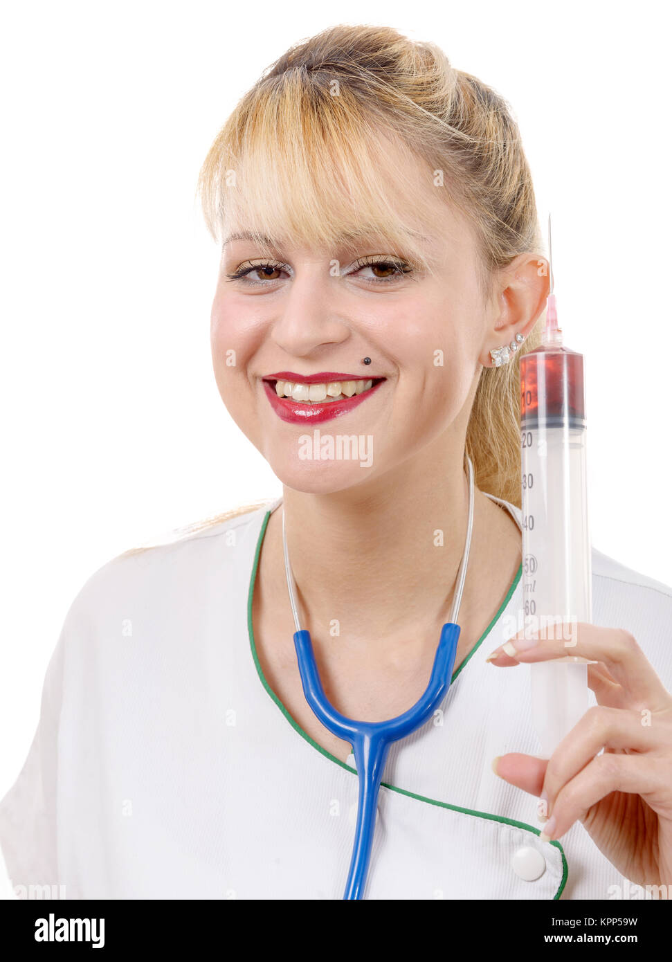 Happy smiling young female doctor with syringe Stock Photo - Alamy