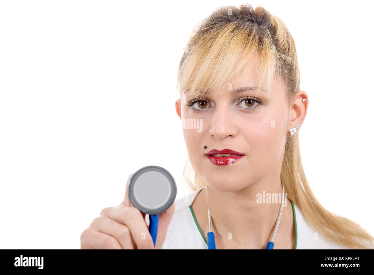 female doctor with a stethoscope listening, isolated on white ...