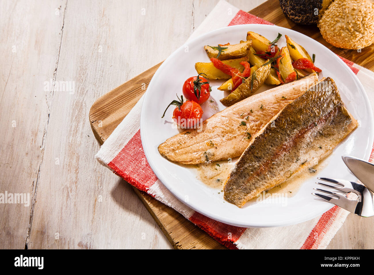 Overhead or high angle view on salmon trout fish fillet. Top down view ...