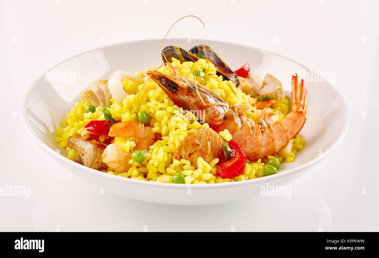 Close Up Still Life View of Traditional Spanish Paella Dish Made with ...