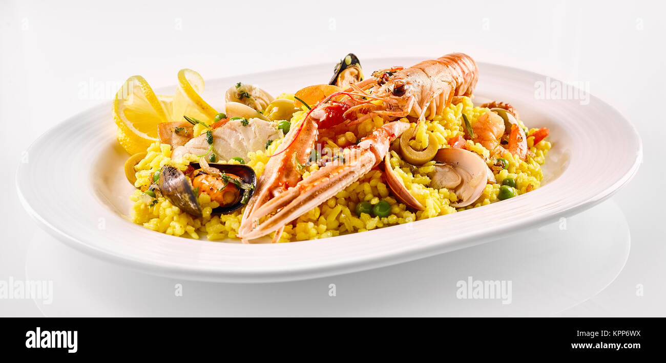Close Up Still Life View of Traditional Spanish Paella Dish Made with ...