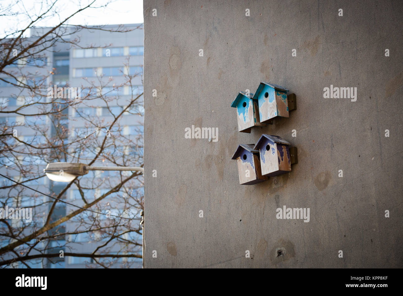 Bird houses with urban office building Stock Photo - Alamy