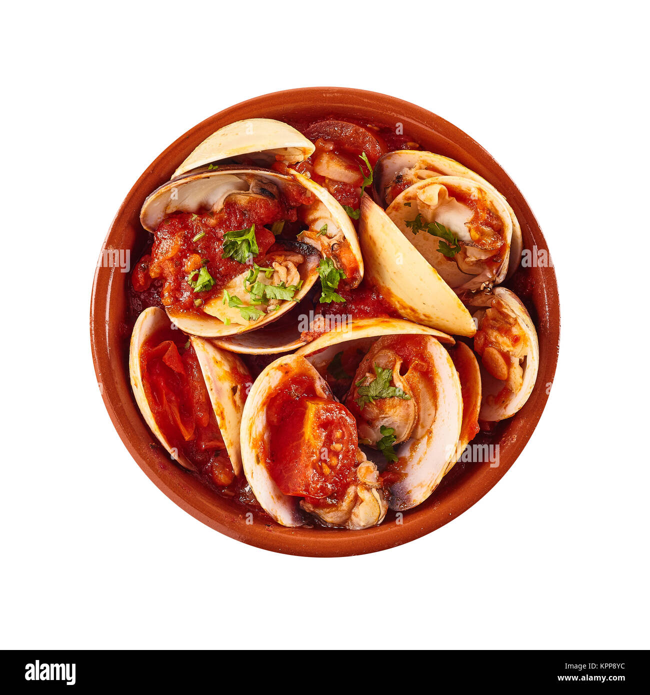 Tasty steamed Venus shell clams with a spicy chili and tomato sauce ...