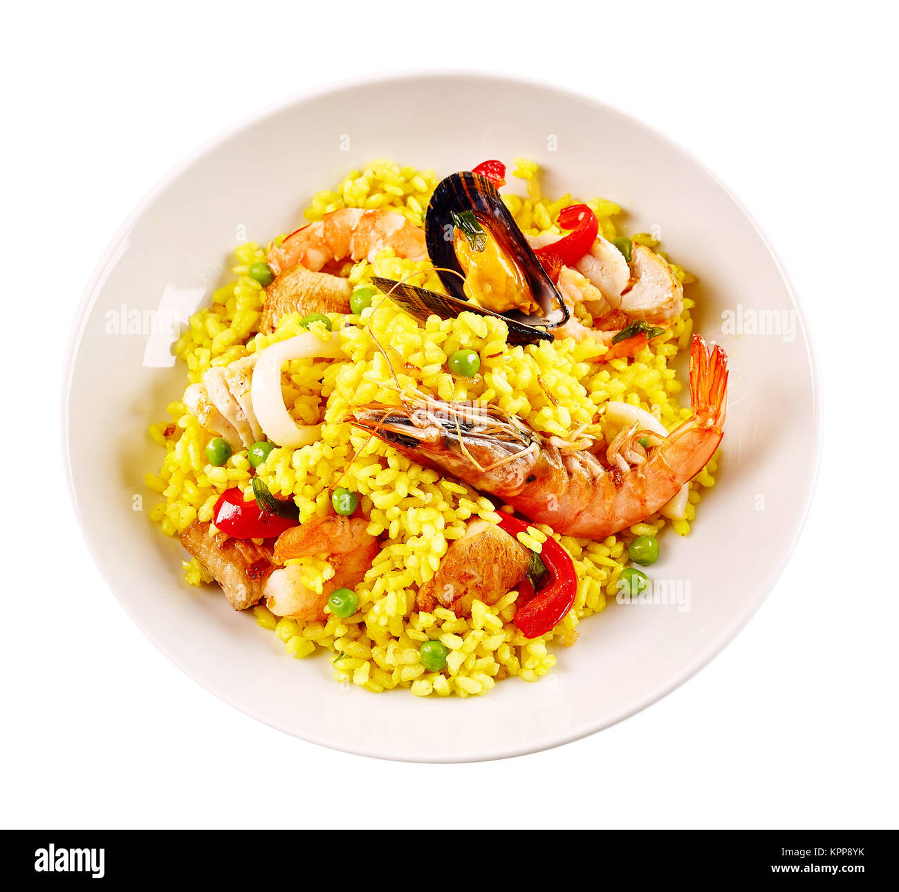 High Angle Still Life View of Traditional Spanish Paella Dish Made with ...