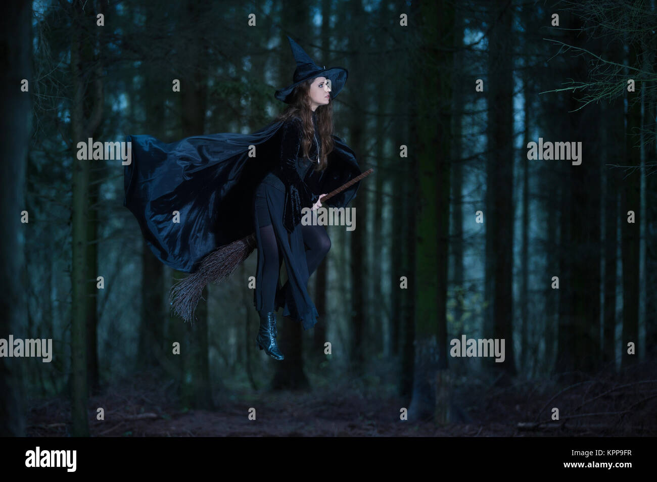 Witch on broom hi-res stock photography and images - Alamy