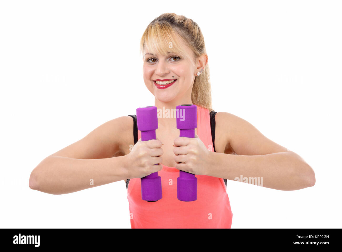 portrait of pretty sporty girl holding weight Stock Photo - Alamy