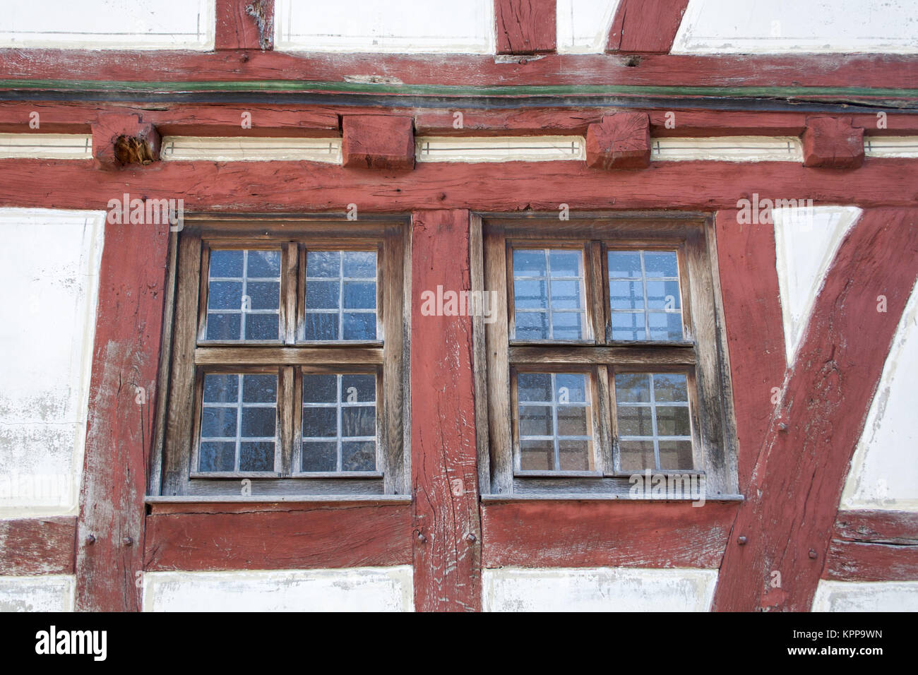 two windows in an old half timbered house Stock Photo - Alamy