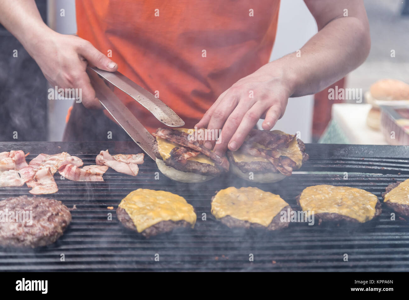 Beef burgers ready to serve on food stall Stock Photo - Alamy