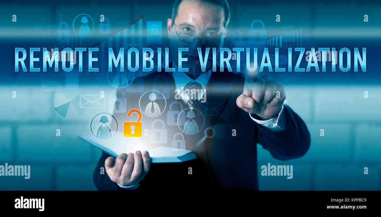 Manager Touching REMOTE MOBILE VIRTUALIZATION Stock Photo - Alamy