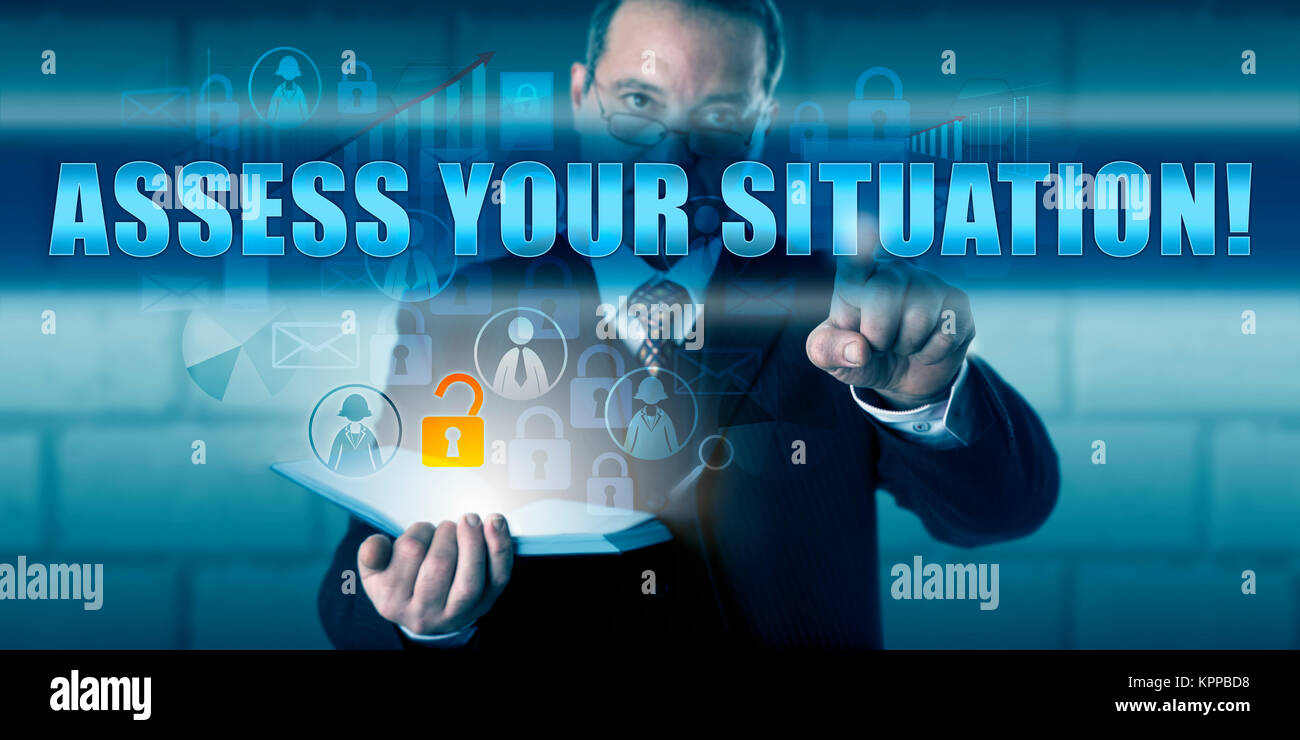 Managing Director Pushing ASSESS YOUR SITUATION! Stock Photo - Alamy