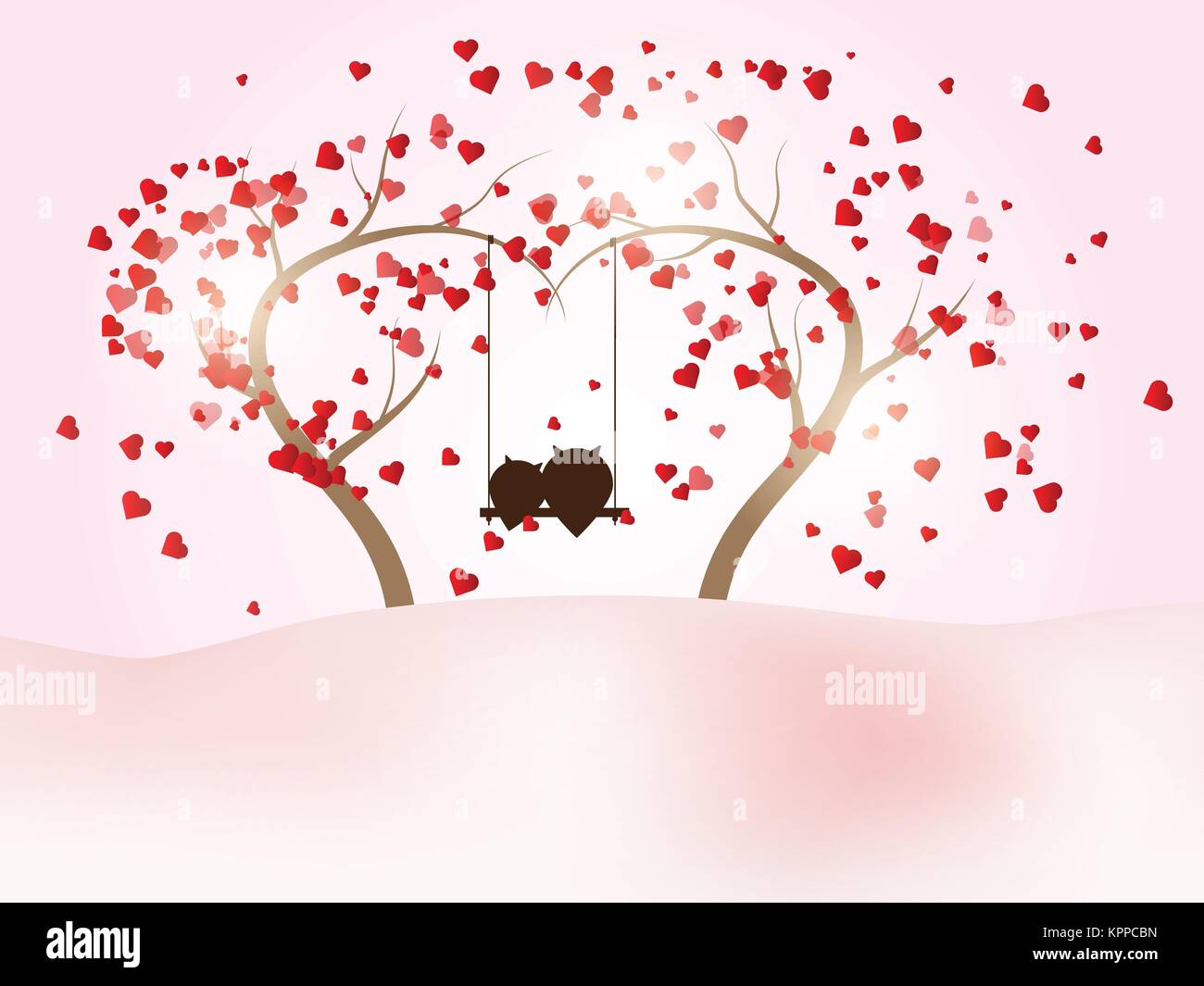 illustration of romantic valentines day with couple owl on swing at ...