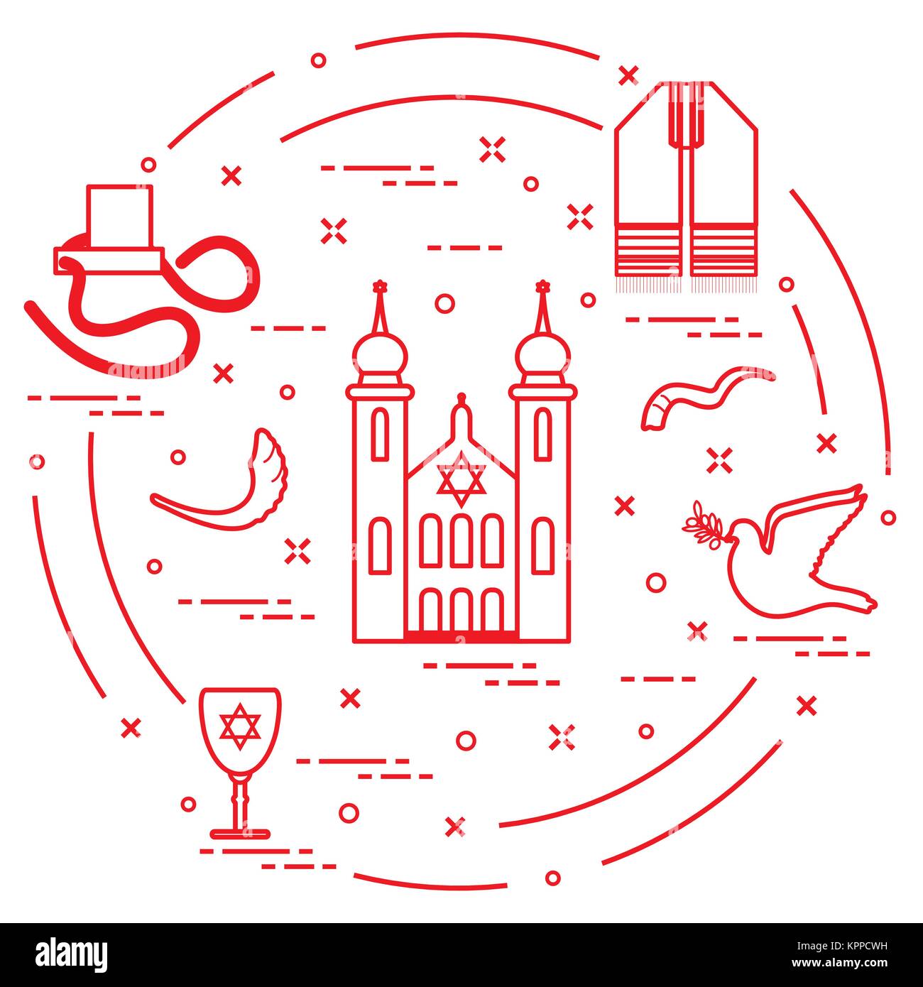 Jewish symbols: tfillin, synagogue, sheep's horn, dove, david's star ...