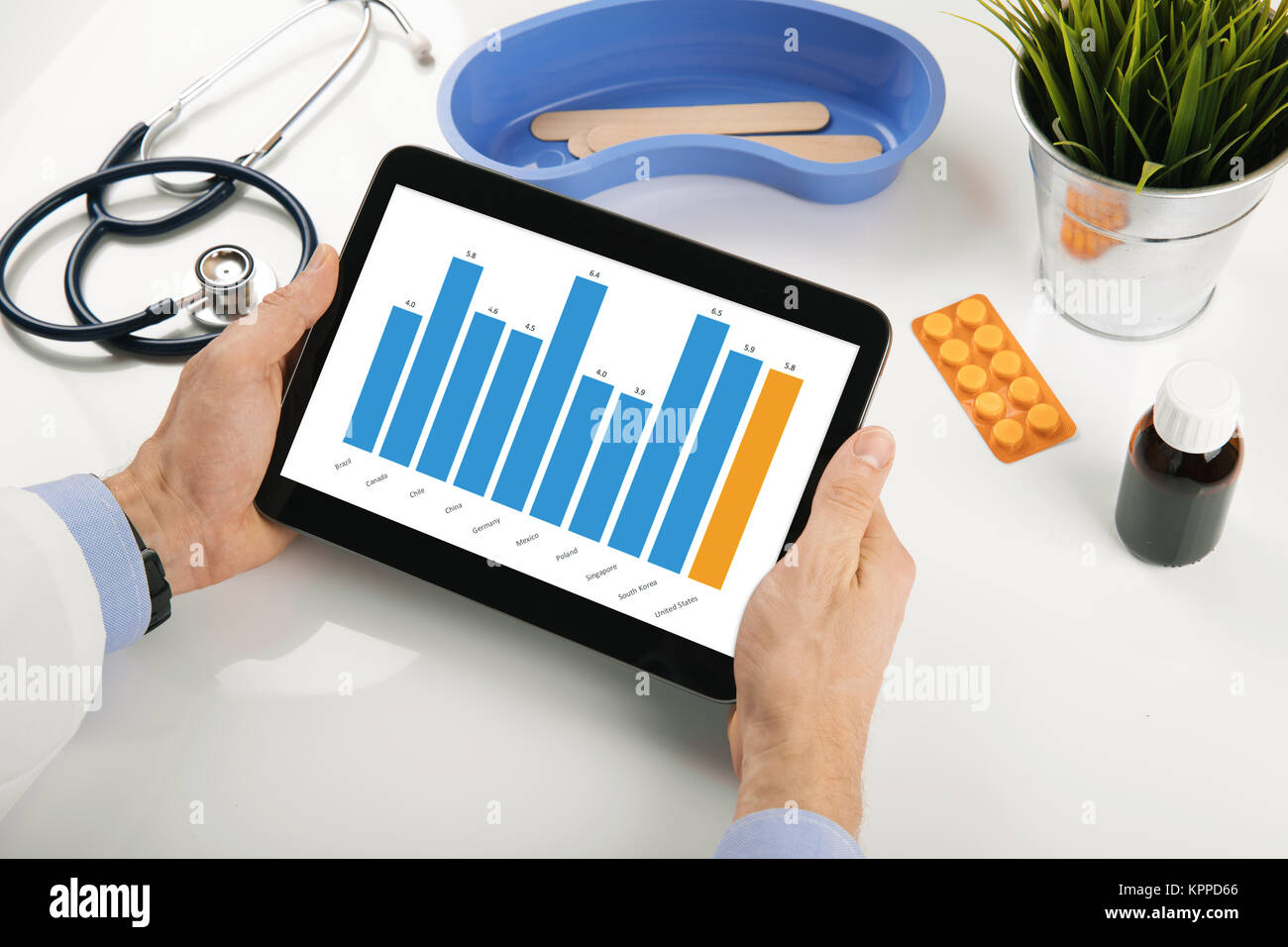 doctor analyzing healthcare stats report on digital tablet Stock Photo ...